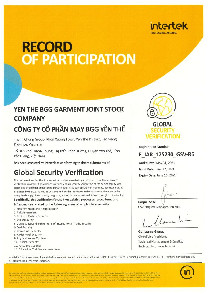 GSV INTERTEK – CÔNG TY CỔ PHẦN MAY BGG YÊN THẾ
