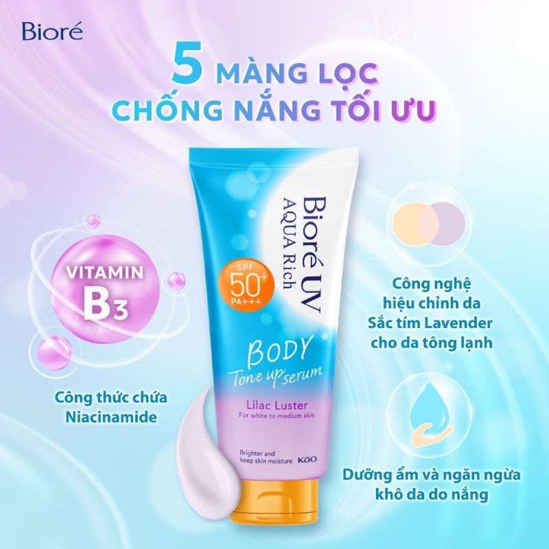 Biore Serum Chống nắng dưỡng thể UV Aqua Rich Body Tone Up Lilac Luster SPF50+ PA+++ 130mlBiore ...