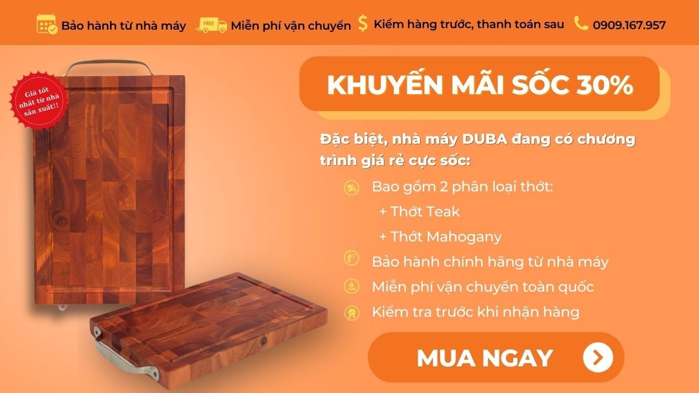 Thớt gỗ Teak có Tay cầm + 2 Chân đế sản xuất trực tiếp từ nhà máy DUBA