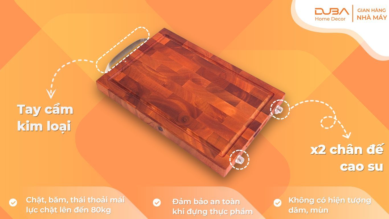 Thớt gỗ Teak có Tay cầm + 2 Chân đế sản xuất trực tiếp từ nhà máy DUBA