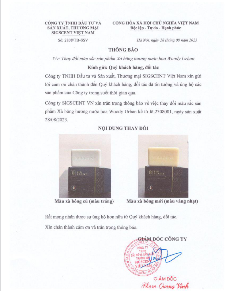 NOTICE OF CHANGE PRODUCT COLOR – SIGSCENT