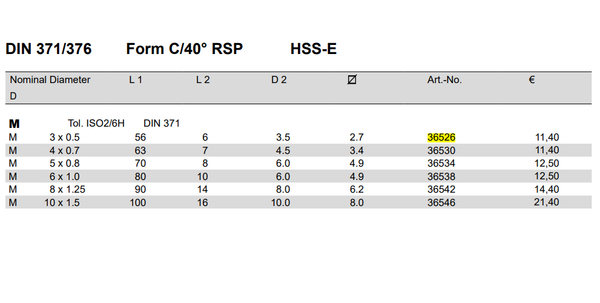 Mũi Taro Máy Yellow Ring DIN 371 Form C 40° SP HSSE Volkel – germantools