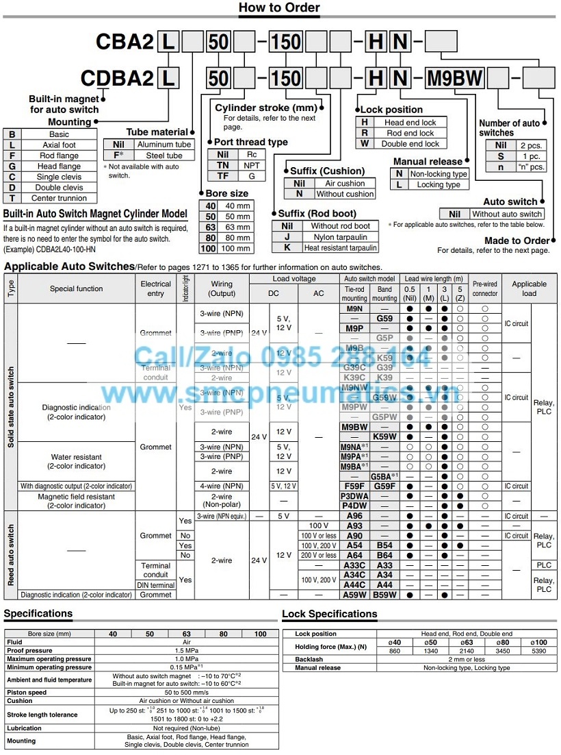 Xy lanh SMC CBA2L50, Cylinder SMC CBA2L50 – smcpneumatics viet nam