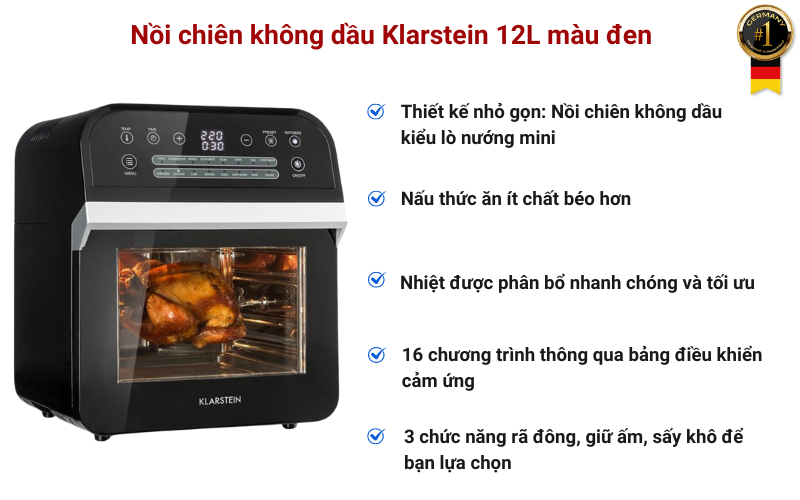 Nồi chiên không dầu Klarstein 12L màu đen - Germany S&T