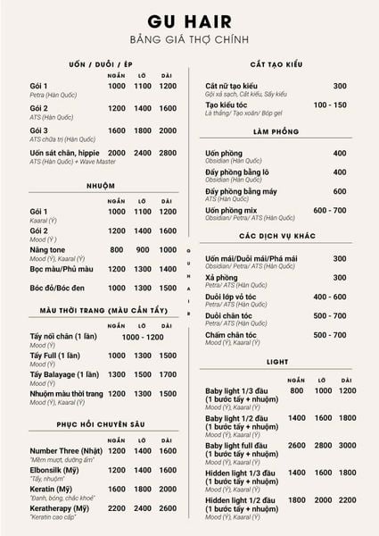 Bảng giá – GU HAIR SALON