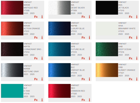 MÃ MÀU VINFAST CẬP NHẬT T3/2025 – WEONE STORE