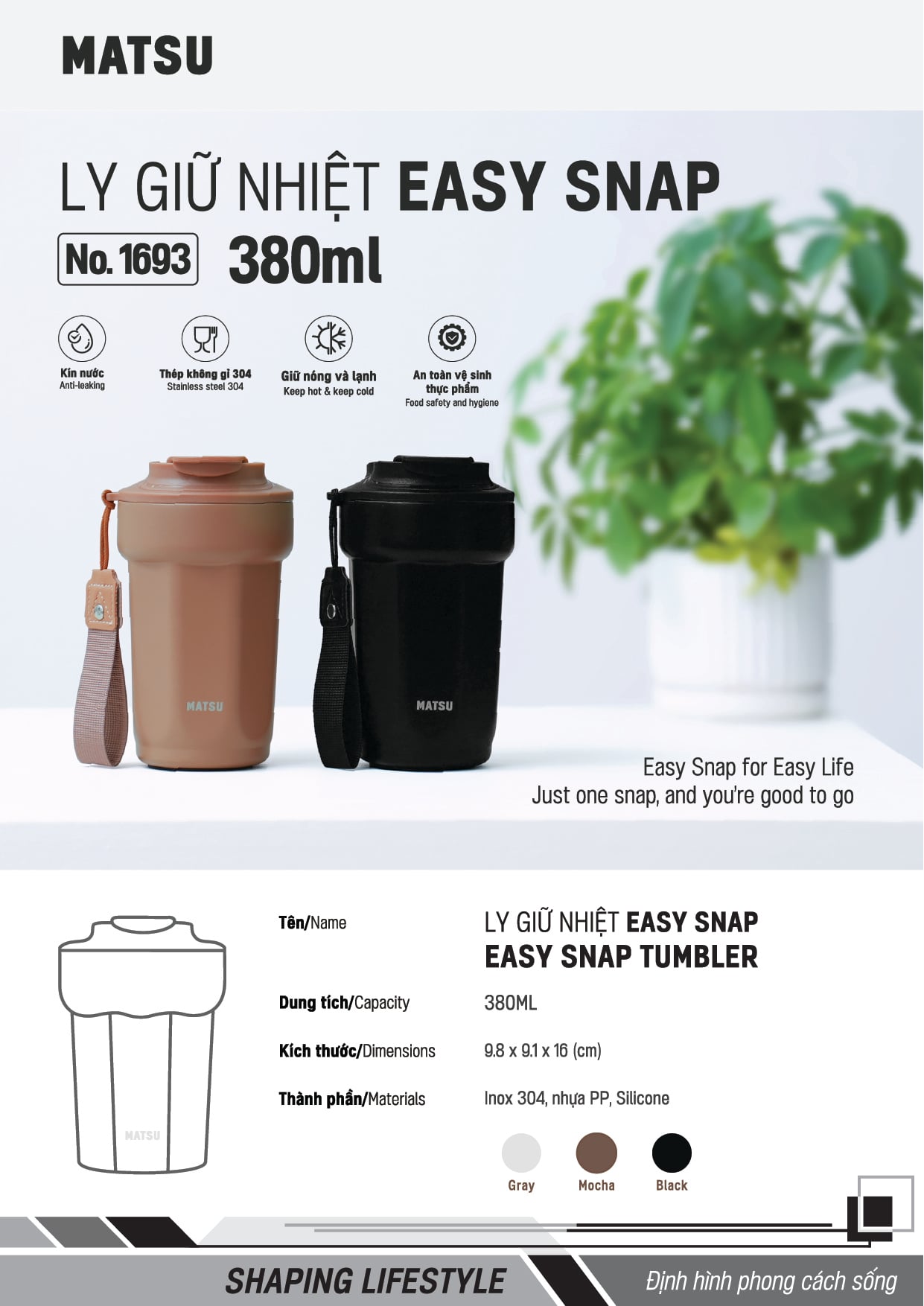 Ly Giữ Nhiệt EASY SNAP 380ml MATSU – Inox 304, Kín Nước, An Toàn