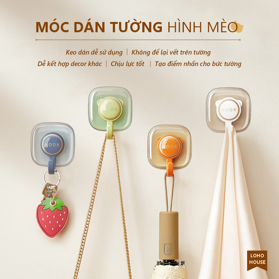 Móc dán tường hình mèo chịu lực, cao cấp Loho House