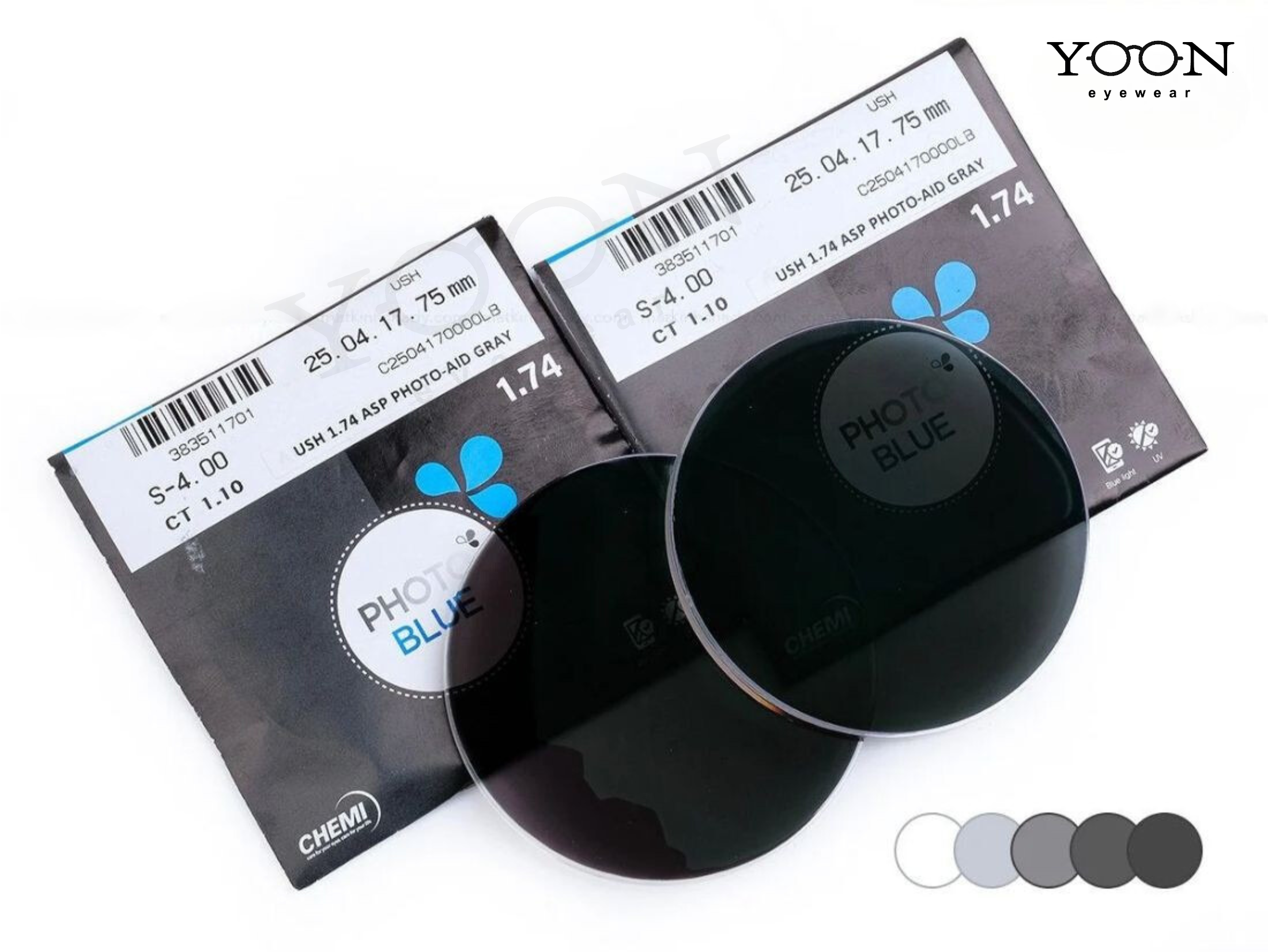 Tròng Đổi Màu Siêu Mỏng Chemi PhotoBlue 1.74 – Chống Ánh Sáng Xanh – Yoon