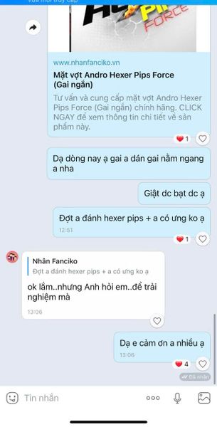 Mặt vợt Andro Hexer Pips + (gai trung) – Nhân Fanciko