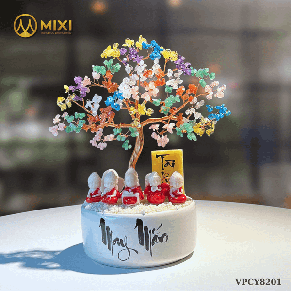 CÂY TÀI LỘC HŨ TRÒN CHỮ MAY MẮN THẠCH ANH ĐA SẮC – HÚT VƯỢNG KHÍ, CHIÊ