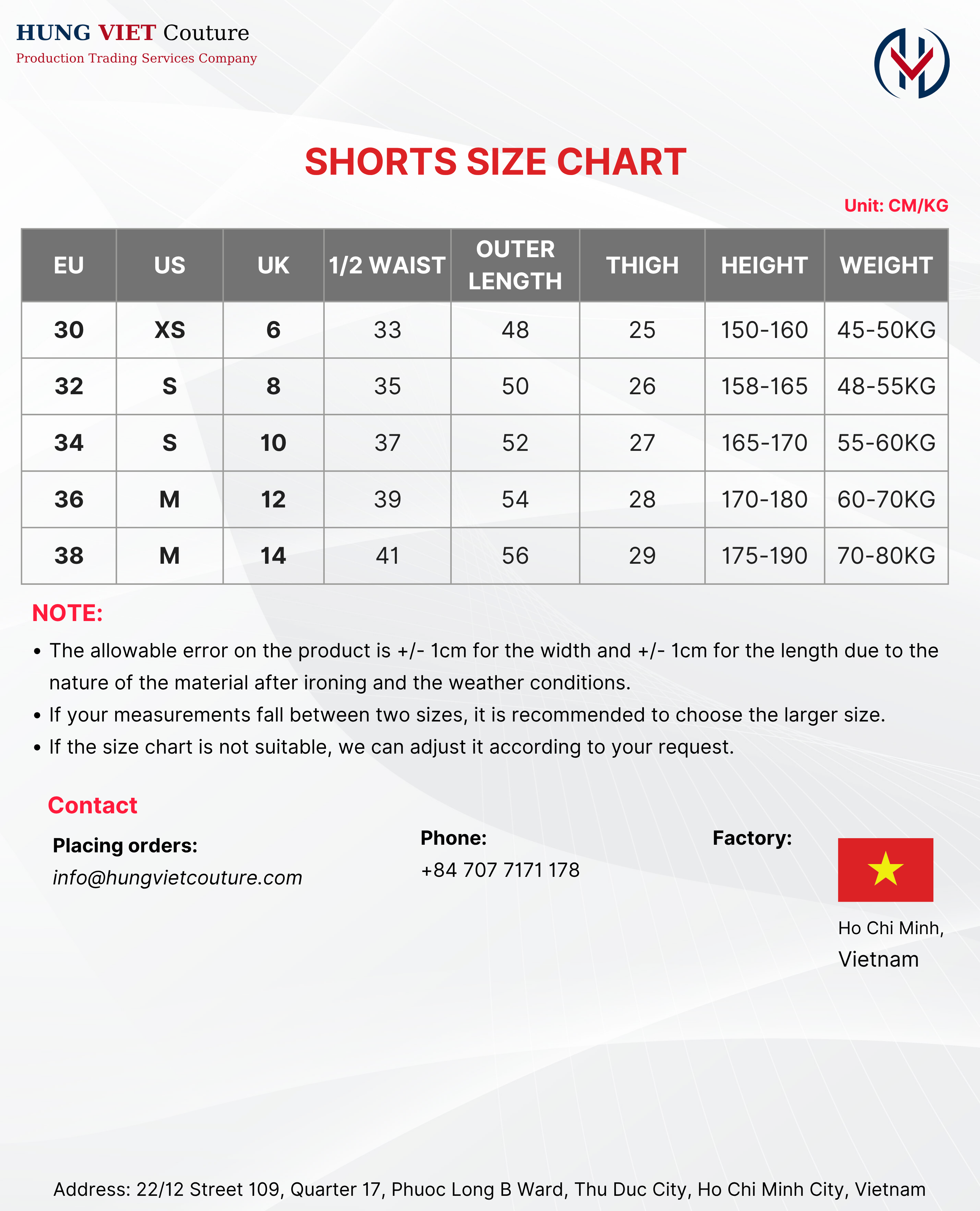 Shorts Size Chart – Standard Fit, Comfort & Easy Movement – Hung Viet ...