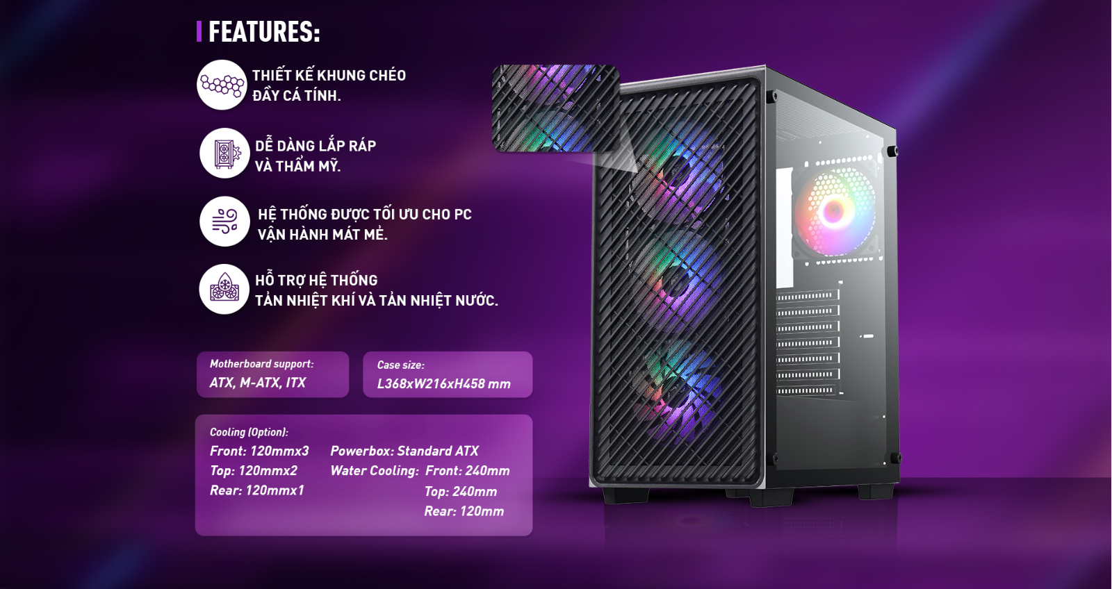 Vỏ Case Máy Tính VSP Gaming KA29 + 4fans Led – Tech Phương Đông